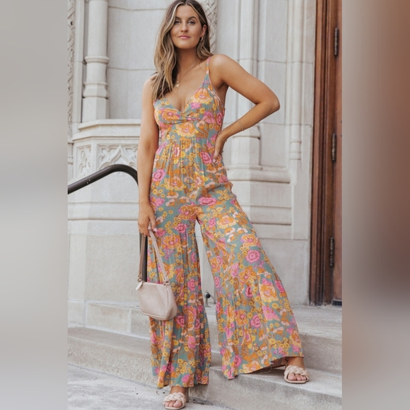 Pants & Jumpsuits | Retro 7s Floral Sleeveless Tiered Wide Leg Bell ...
